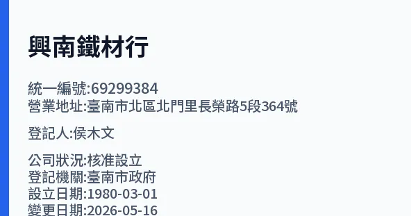 興南鐵材行的照片-統編 69299384(臺南市) 公司登記資料與營業項目詳細圖表