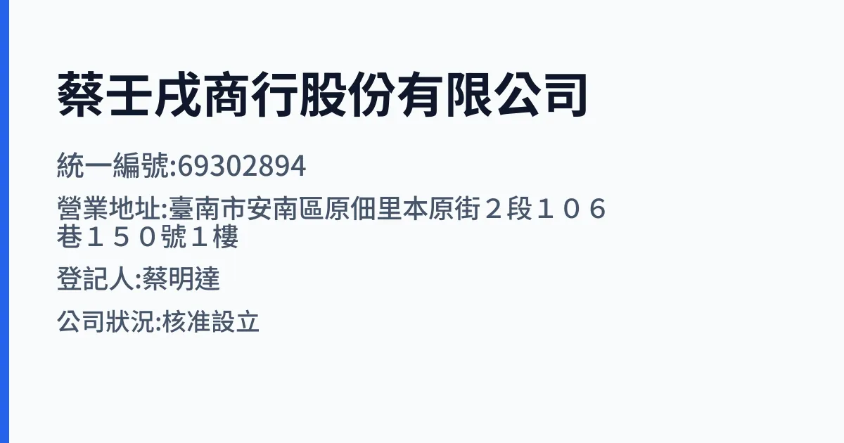 蔡壬戌商行股份有限公司 - 統編 69302894(臺南市) 公司登記資料與營業項目詳細圖表