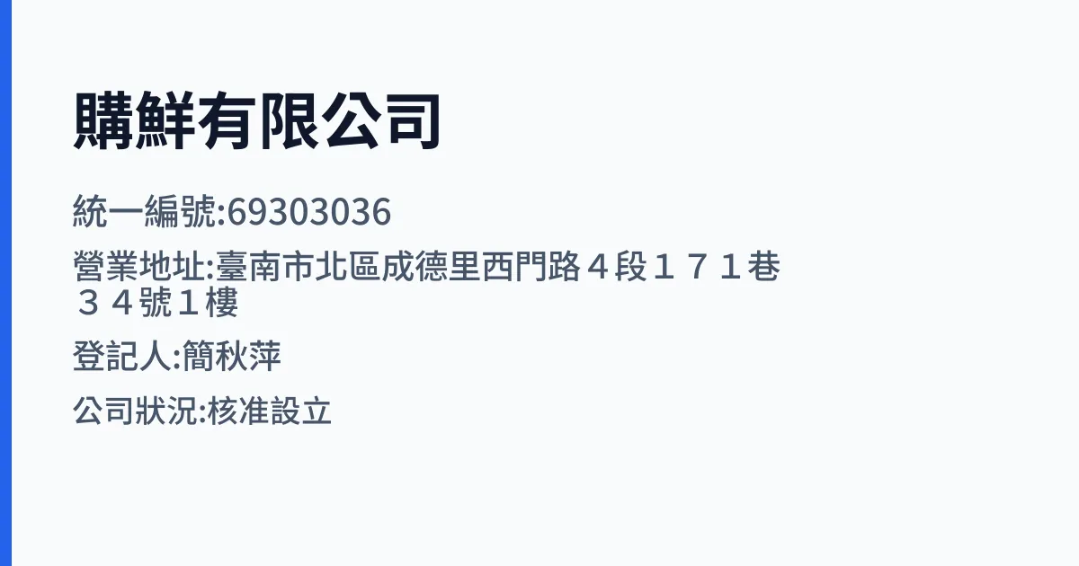 購鮮有限公司 - 統編 69303036(臺南市) 公司登記資料與營業項目詳細圖表