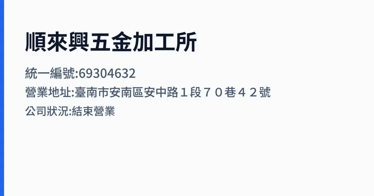 順來興五金加工所 - 統編 69304632(臺南市) 公司登記資料與營業項目詳細圖表