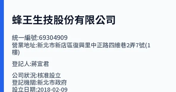 蜂王生技股份有限公司的照片-統編 69304909(新北市) 公司登記資料與營業項目詳細圖表