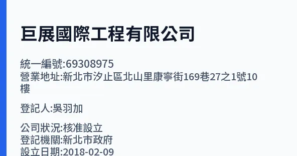 巨展國際工程有限公司的照片-統編 69308975(新北市) 公司登記資料與營業項目詳細圖表