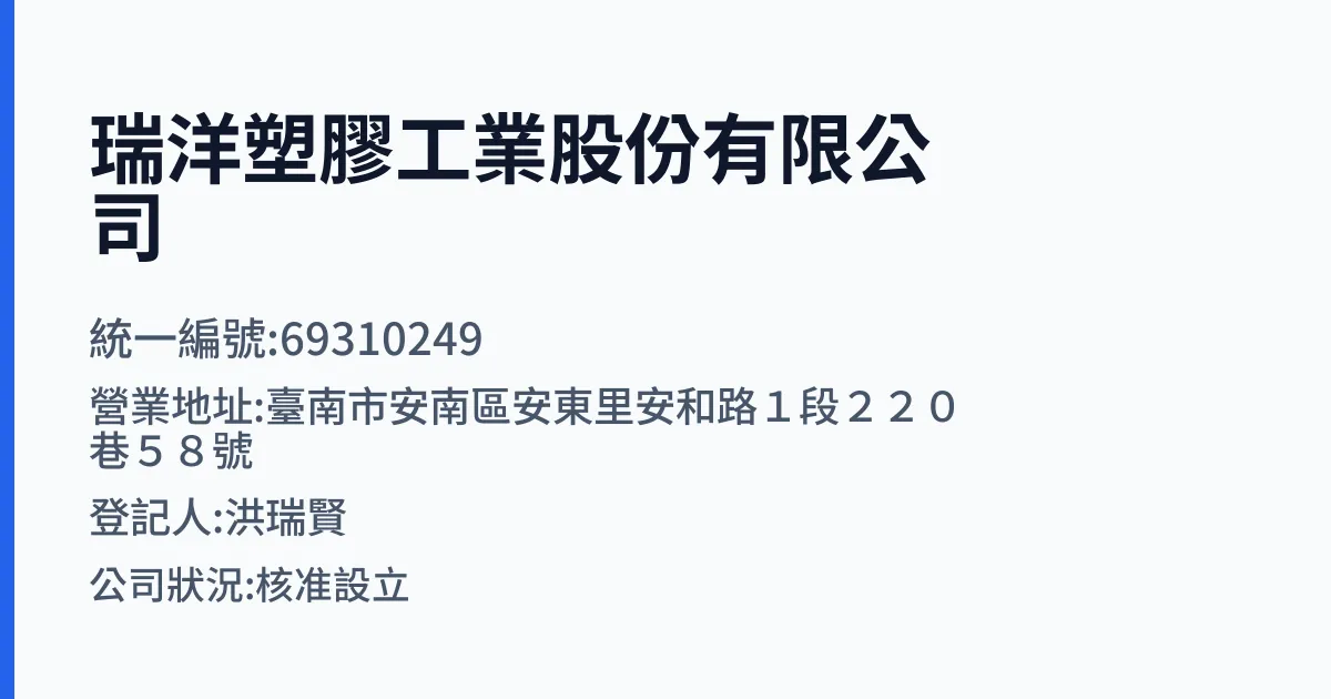 瑞洋塑膠工業股份有限公司 - 統編 69310249(臺南市) 公司登記資料與營業項目詳細圖表