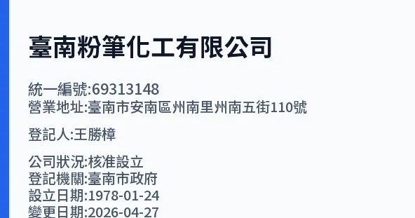 臺南粉筆化工有限公司的照片-統編 69313148(臺南市) 公司登記資料與營業項目詳細圖表