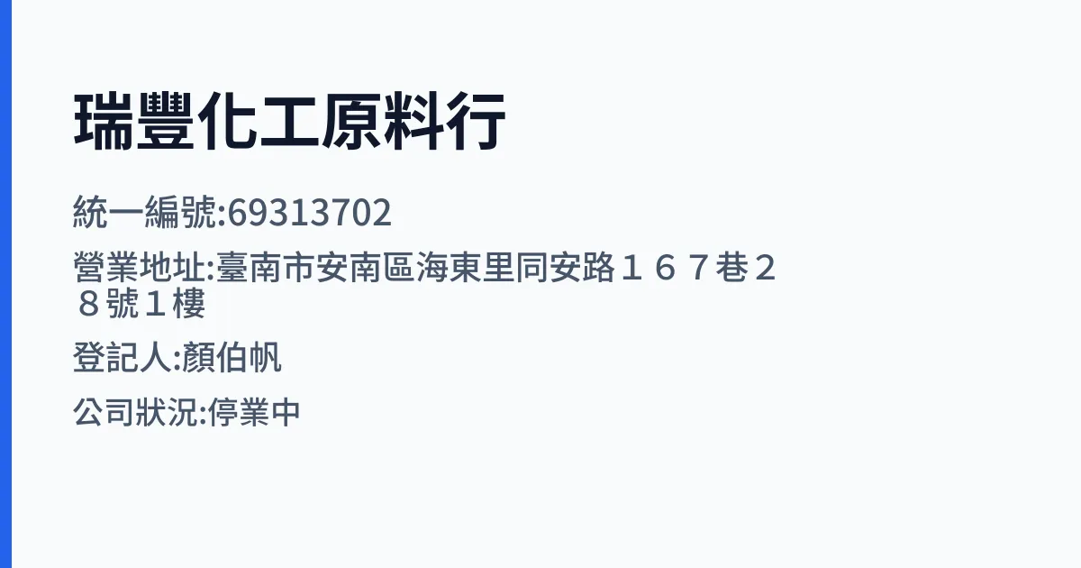 瑞豐化工原料行 - 統編 69313702(臺南市) 公司登記資料與營業項目詳細圖表