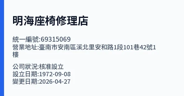 明海座椅修理店的照片-統編 69315069(臺南市) 公司登記資料與營業項目詳細圖表