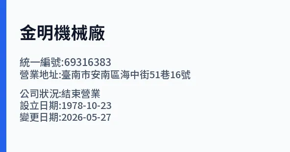 金明機械廠的照片-統編 69316383(臺南市) 公司登記資料與營業項目詳細圖表
