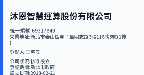 沐恩智慧運算股份有限公司的照片-統編 69317849(新北市) 公司登記資料與營業項目詳細圖表