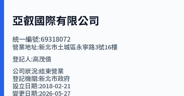 亞叡國際有限公司的照片-統編 69318072(新北市) 公司登記資料與營業項目詳細圖表