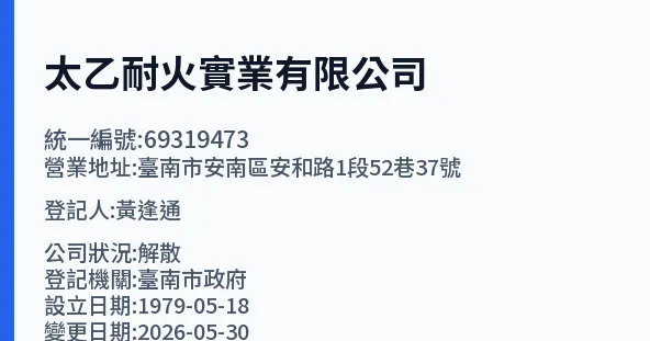 太乙耐火實業有限公司的照片-統編 69319473(臺南市) 公司登記資料與營業項目詳細圖表