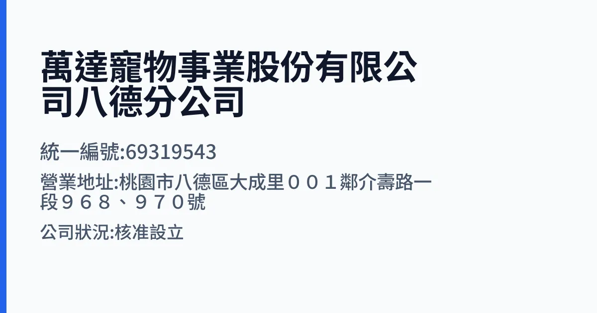 萬達寵物事業股份有限公司八德分公司 - 統編 69319543(桃園市) 公司登記資料與營業項目詳細圖表