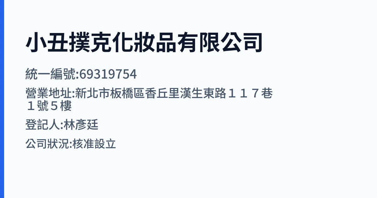 小丑撲克化妝品有限公司 - 統編 69319754(新北市) 公司登記資料與營業項目詳細圖表