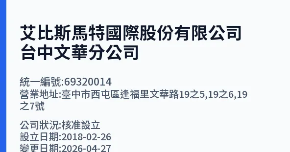 艾比斯馬特國際股份有限公司台中文華分公司的照片-統編 69320014(臺中市) 公司登記資料與營業項目詳細圖表