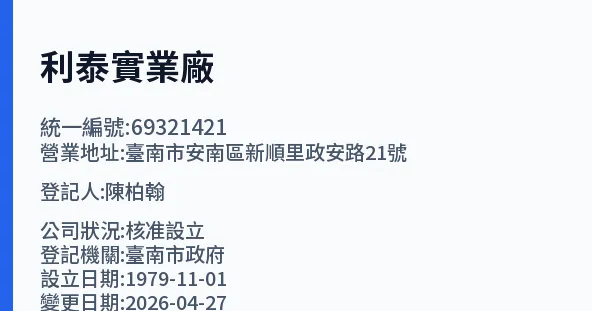 利泰實業廠的照片-統編 69321421(臺南市) 公司登記資料與營業項目詳細圖表