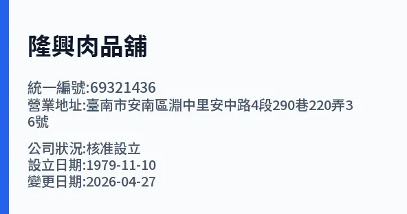 隆興肉品舖的照片-統編 69321436(臺南市) 公司登記資料與營業項目詳細圖表