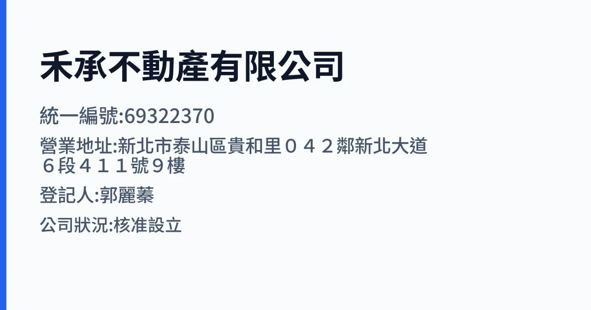 禾承不動產有限公司 - 統編 69322370(新北市) 公司登記資料與營業項目詳細圖表