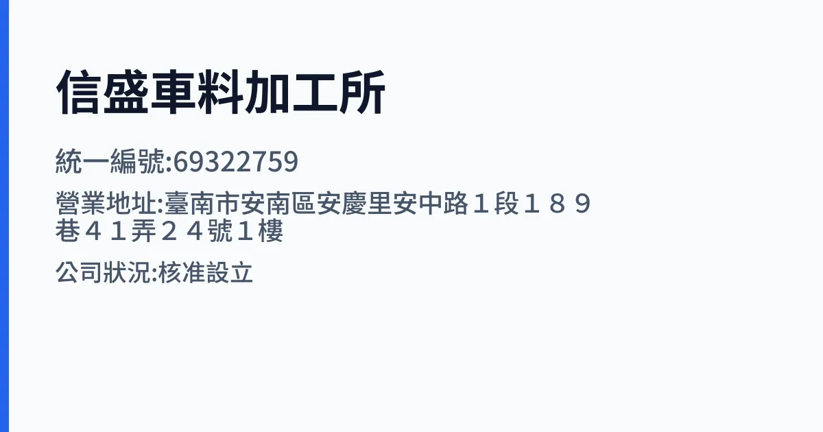 信盛車料加工所 - 統編 69322759(臺南市) 公司登記資料與營業項目詳細圖表