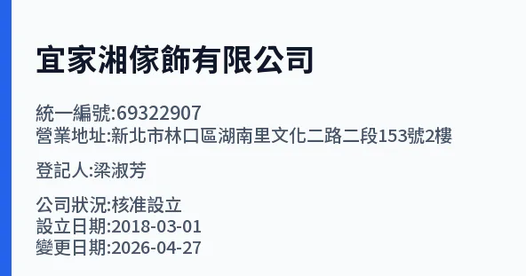 宜家湘傢飾有限公司的照片-統編 69322907(新北市) 公司登記資料與營業項目詳細圖表