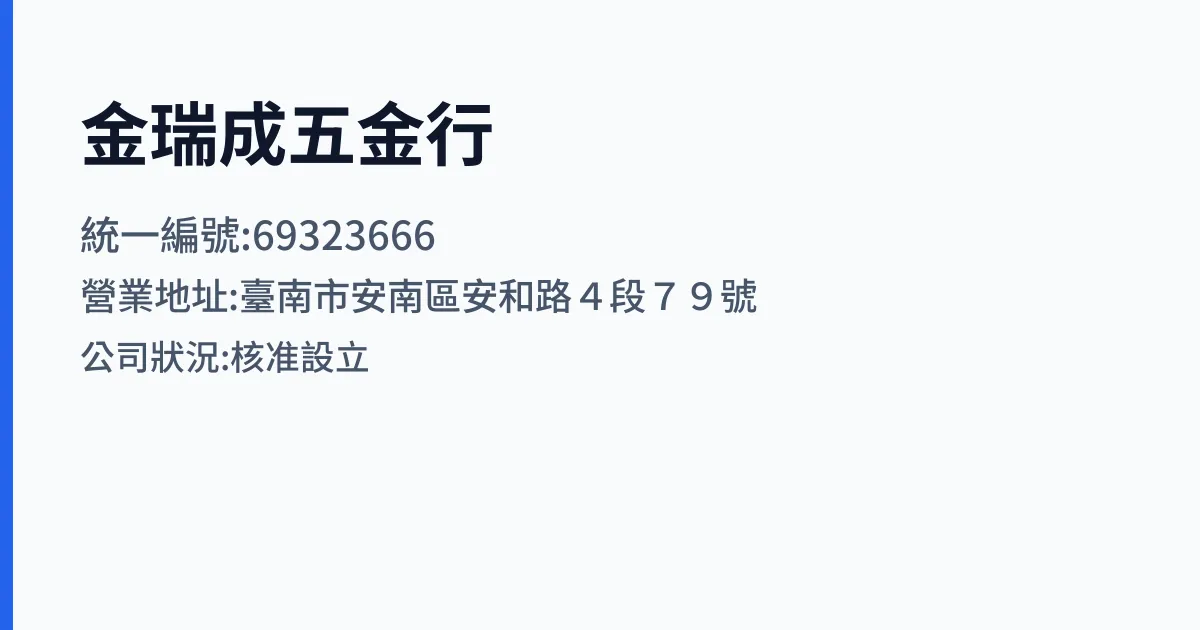 金瑞成五金行 - 統編 69323666(臺南市) 公司登記資料與營業項目詳細圖表