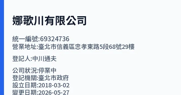 娜歌川有限公司的照片-統編 69324736(臺北市) 公司登記資料與營業項目詳細圖表