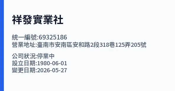 祥發實業社的照片-統編 69325186(臺南市) 公司登記資料與營業項目詳細圖表