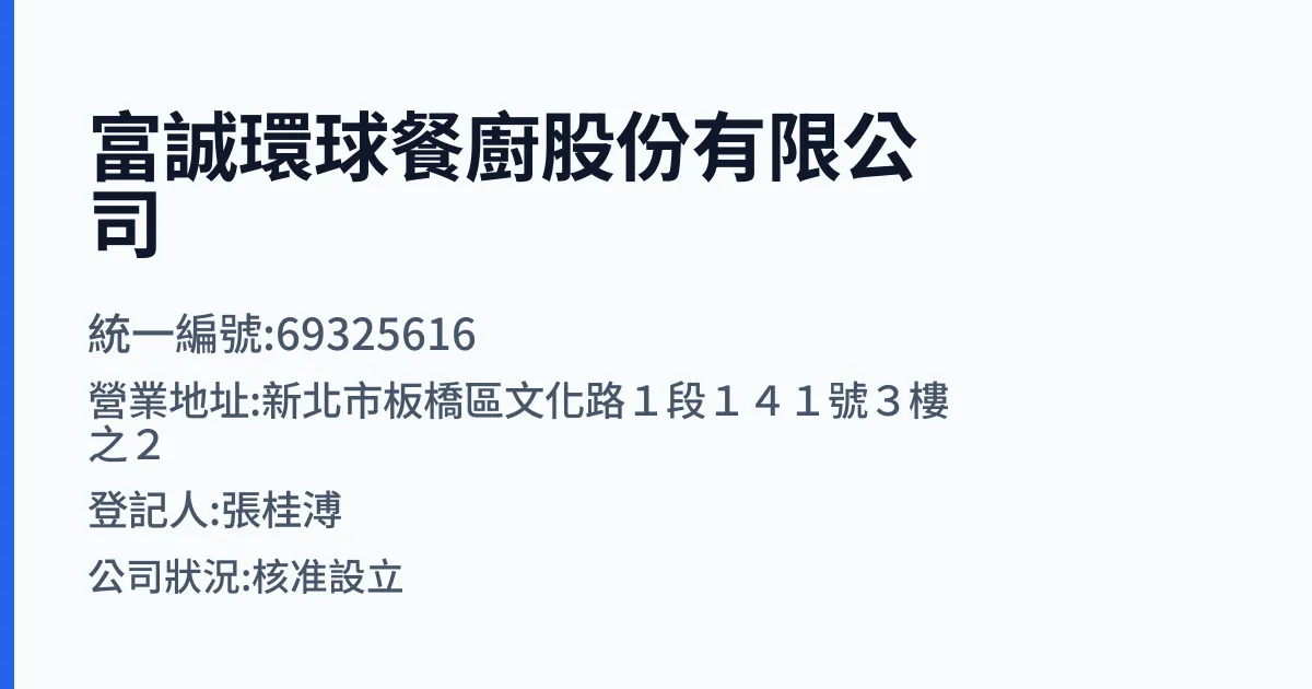 富誠環球餐廚股份有限公司 - 統編 69325616(新北市) 公司登記資料與營業項目詳細圖表