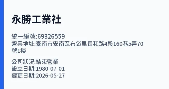 永勝工業社的照片-統編 69326559(臺南市) 公司登記資料與營業項目詳細圖表