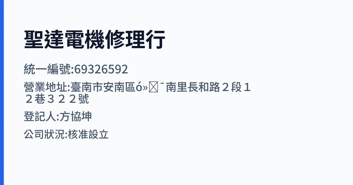 聖達電機修理行 - 統編 69326592(臺南市) 公司登記資料與營業項目詳細圖表