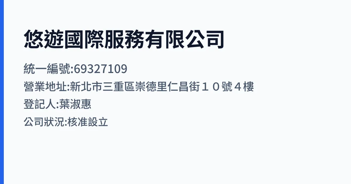 悠遊國際服務有限公司 - 統編 69327109(新北市) 公司登記資料與營業項目詳細圖表