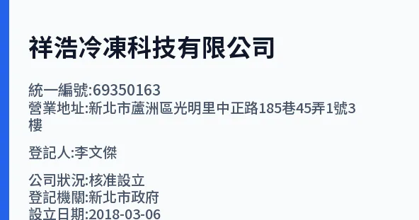 祥浩冷凍科技有限公司的照片-統編 69350163(新北市) 公司登記資料與營業項目詳細圖表