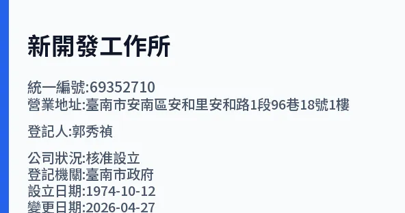 新開發工作所的照片-統編 69352710(臺南市) 公司登記資料與營業項目詳細圖表