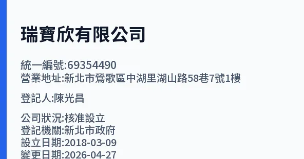 瑞寶欣有限公司的照片-統編 69354490(新北市) 公司登記資料與營業項目詳細圖表