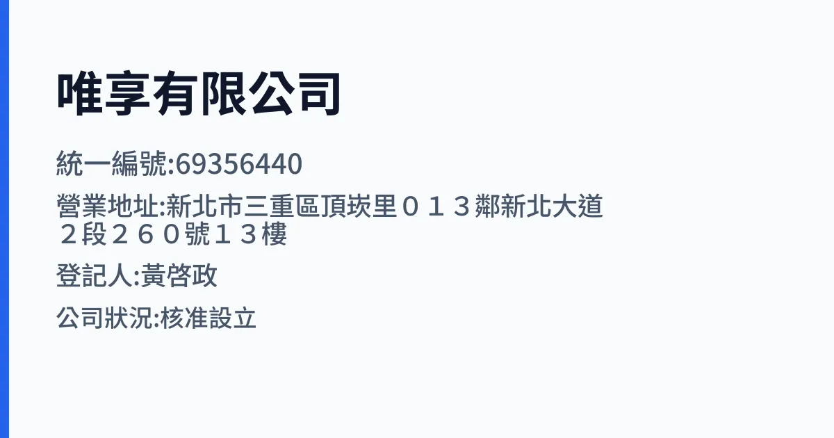 唯享有限公司 - 統編 69356440(新北市) 公司登記資料與營業項目詳細圖表