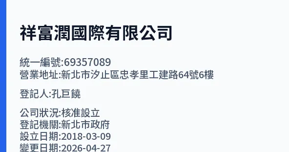 祥富潤國際有限公司的照片-統編 69357089(新北市) 公司登記資料與營業項目詳細圖表