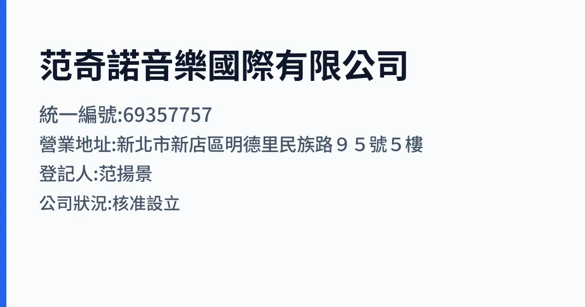 范奇諾音樂國際有限公司 - 統編 69357757(新北市) 公司登記資料與營業項目詳細圖表