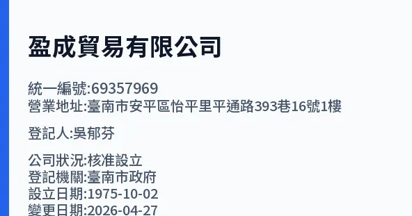 盈成貿易有限公司的照片-統編 69357969(臺南市) 公司登記資料與營業項目詳細圖表