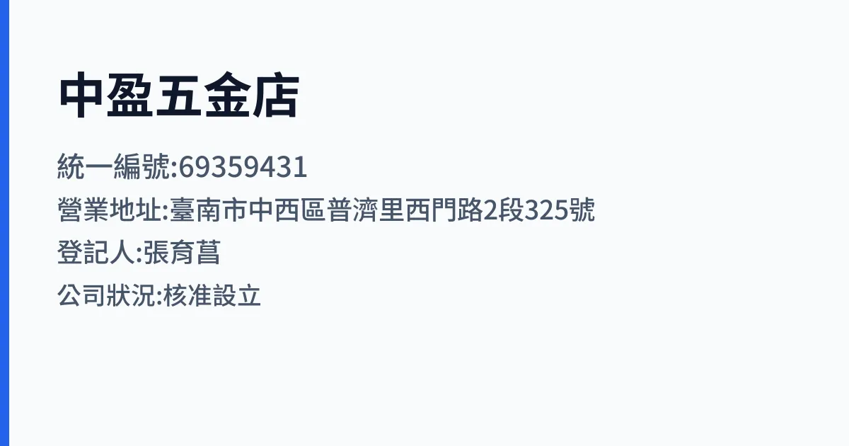 中盈五金店 - 統編 69359431(臺南市) 公司登記資料與營業項目詳細圖表