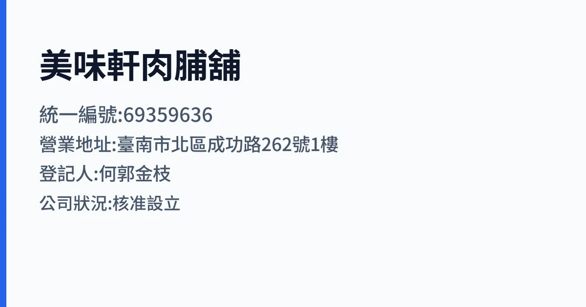 美味軒肉脯舖 - 統編 69359636(臺南市) 公司登記資料與營業項目詳細圖表