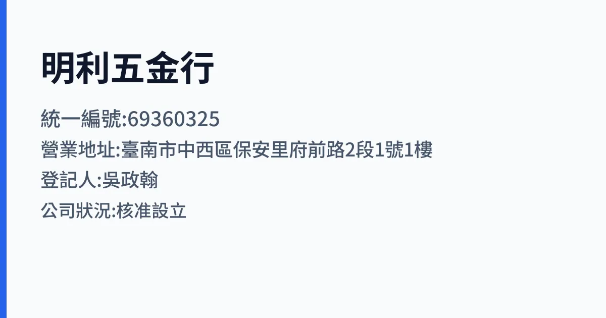 明利五金行 - 統編 69360325(臺南市) 公司登記資料與營業項目詳細圖表
