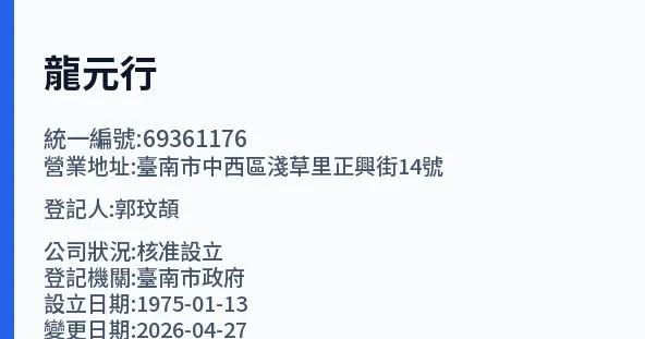 龍元行的照片-統編 69361176(臺南市) 公司登記資料與營業項目詳細圖表