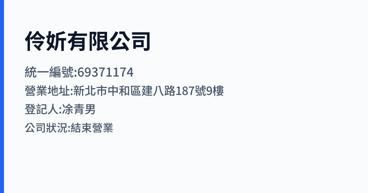 伶妡有限公司 - 統編 69371174(新北市) 公司登記資料與營業項目詳細圖表