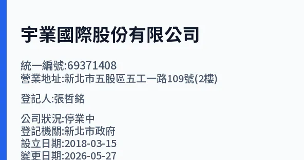 宇業國際股份有限公司的照片-統編 69371408(新北市) 公司登記資料與營業項目詳細圖表