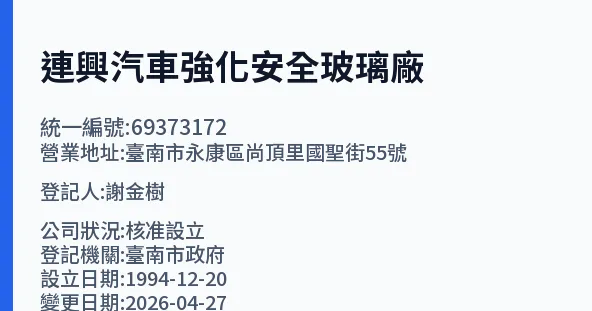 連興汽車強化安全玻璃廠的照片-統編 69373172(臺南市) 公司登記資料與營業項目詳細圖表
