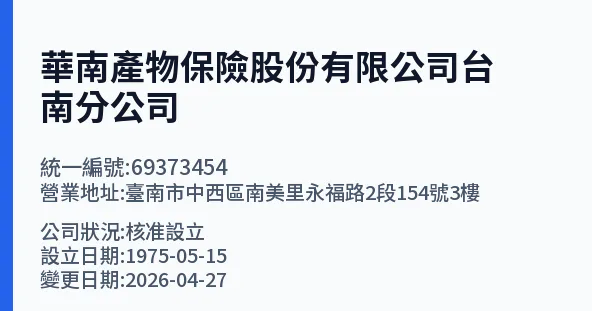 華南產物保險股份有限公司台南分公司的照片-統編 69373454(臺南市) 公司登記資料與營業項目詳細圖表