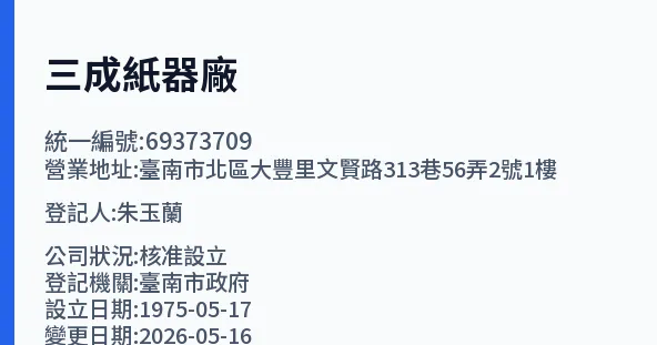 三成紙器廠的照片-統編 69373709(臺南市) 公司登記資料與營業項目詳細圖表