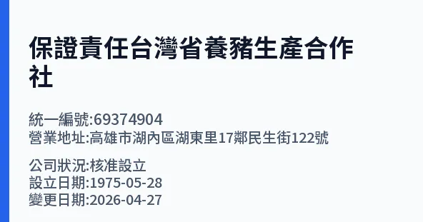 保證責任台灣省養豬生產合作社的照片-統編 69374904(高雄市) 公司登記資料與營業項目詳細圖表