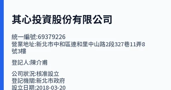 其心投資股份有限公司的照片-統編 69379226(新北市) 公司登記資料與營業項目詳細圖表