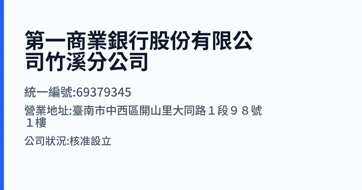 第一商業銀行股份有限公司竹溪分公司 - 統編 69379345(臺南市) 公司登記資料與營業項目詳細圖表