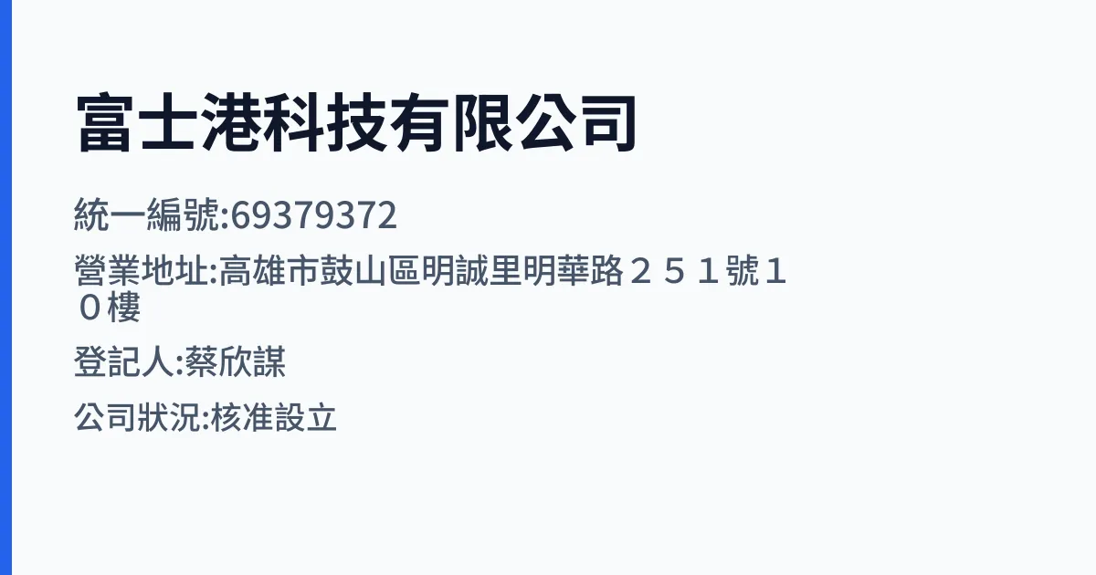 富士港科技有限公司 - 統編 69379372(高雄市) 公司登記資料與營業項目詳細圖表