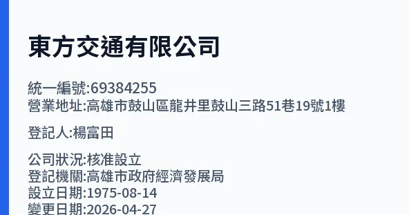 東方交通有限公司的照片-統編 69384255(高雄市) 公司登記資料與營業項目詳細圖表